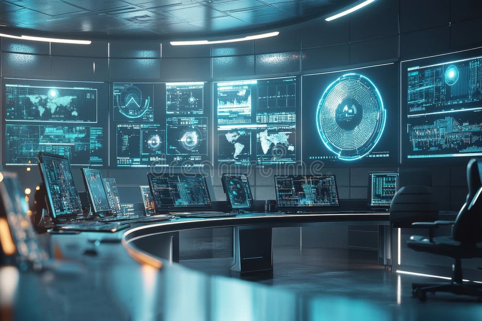 Modern Control Room with Multiple Computer Screens Displaying Data and Graphical Interfaces ...