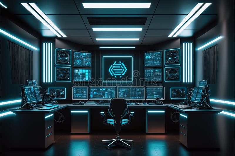 Modern Control Room Multiple Personal Computer Monitors Showing Coding Language Program With