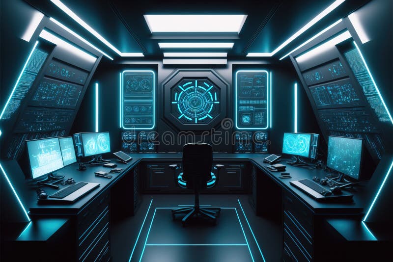 Modern Control Room. Multiple Personal Computer Monitors Showing Coding Language Program with ...