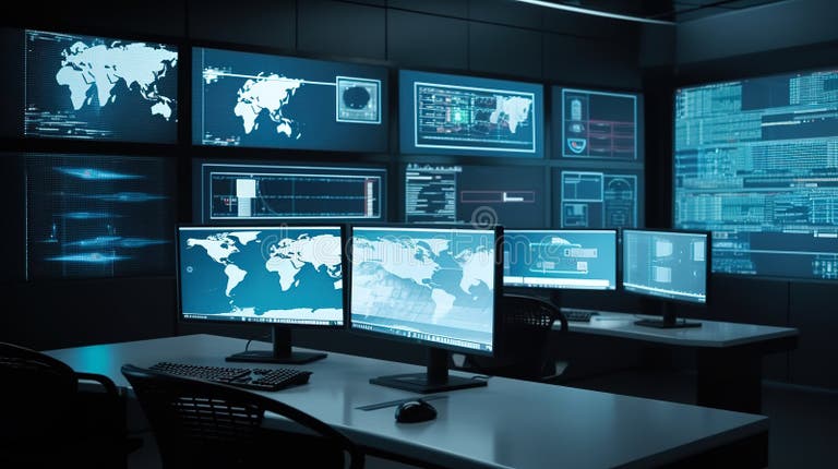 Modern Control Room. Multiple Personal Computer Monitors Showing Coding ...