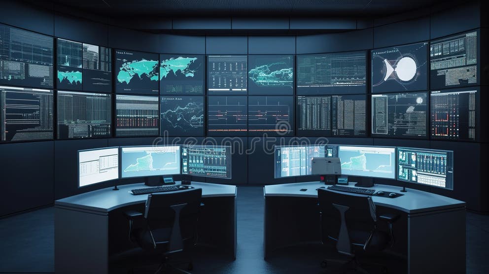 Modern Control Room. Multiple Personal Computer Monitors Showing Coding Language Program with ...