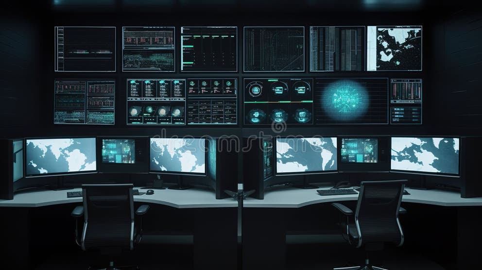 Modern Control Room. Multiple Personal Computer Monitors Showing Coding Language Program with ...