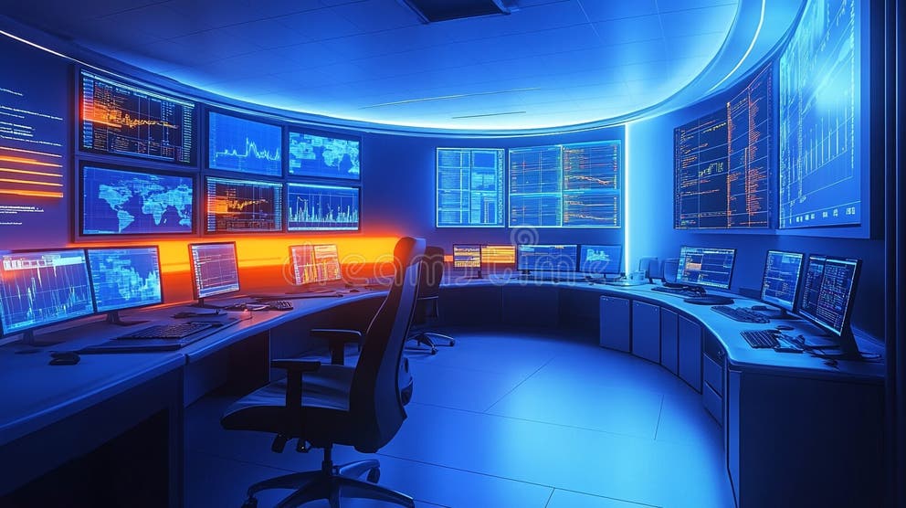 Modern Control Room with Multiple Screens Desk and Chairs for Security ...