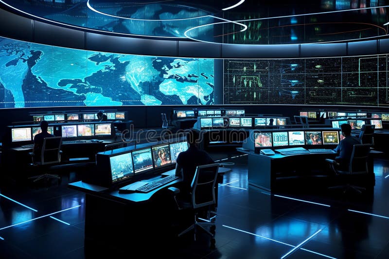 Modern Control Room with Multiple Screens Displaying Real-time ...