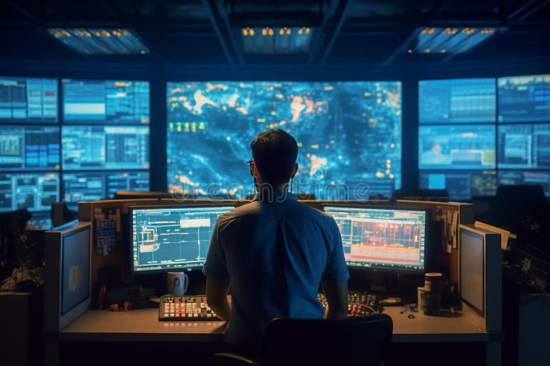 Modern Control Room with Multiple Screens Displaying Real-time ... Modern Control Room with Multiple Screens Displaying Real-time ...