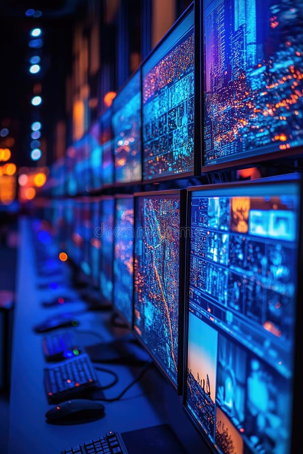 Modern Control Room at Night. Many Computer Screens Display Data ...
