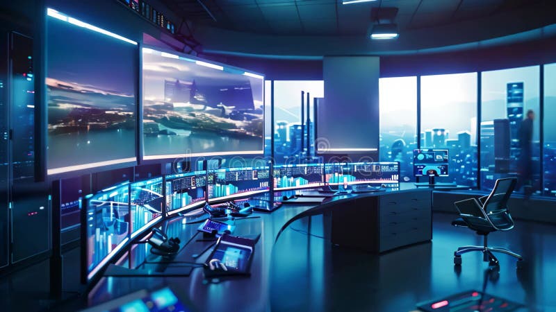 A Modern Control Room with Numerous Screens Displaying Various Data and ...