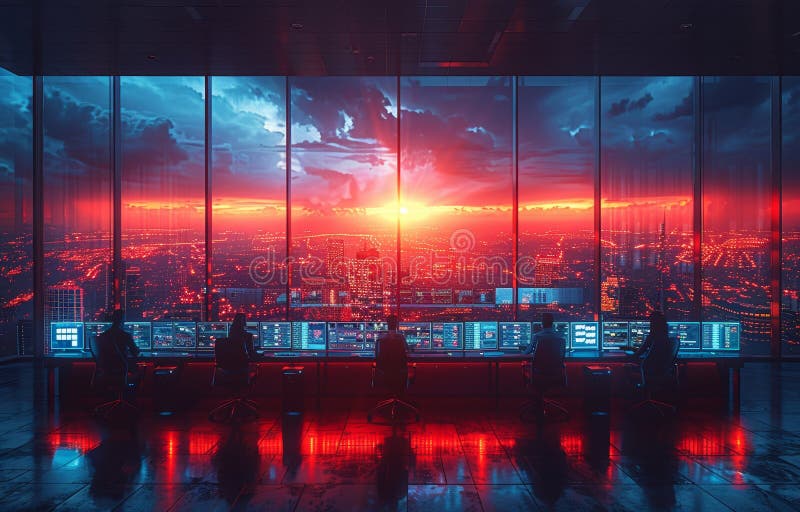 Modern Control Room with Panoramic City View at Sunset HighTech ...
