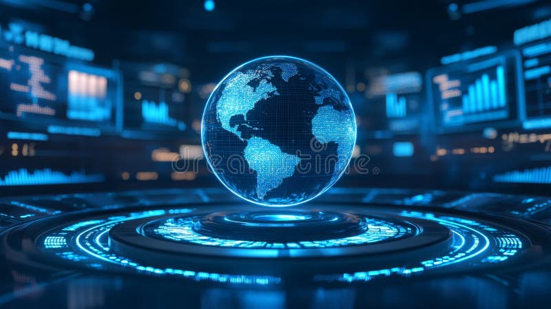 A Modern Control Room with a Shining Globe at Its Core and Multiple ...