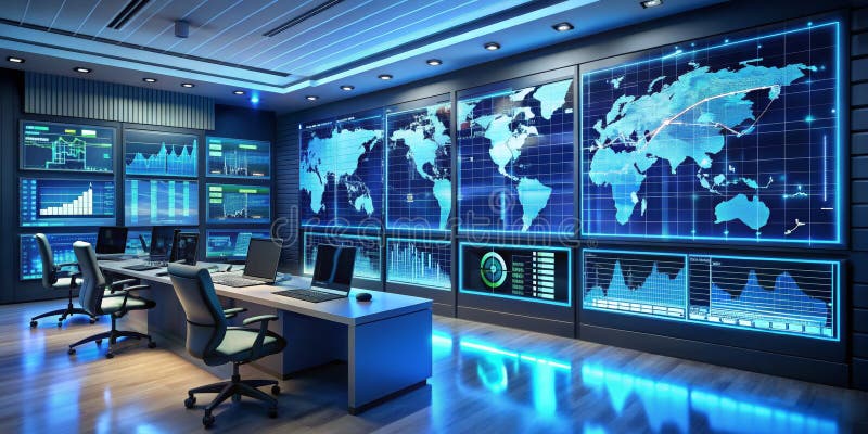 Modern Control Room with World Map Display, Blue Light and Data ...