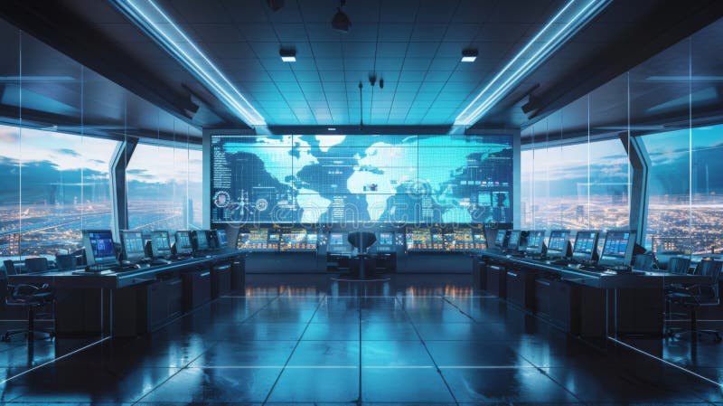 Modern Control Room with World Map Display Stock Image - Image of ...
