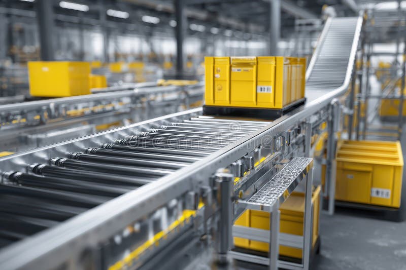 Modern Conveyor Belt in an Empty Production Line Facility with Yellow ...