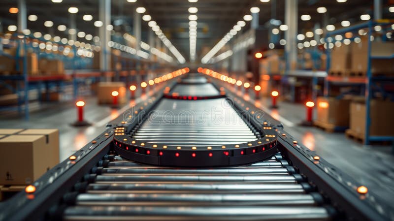 Modern Conveyor System in a Large Warehouse with Bright Lights Stock ...