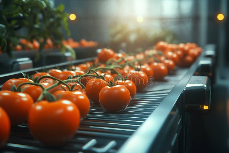 Modern Conveyor System Sorting Fresh Red Tomatoes in Industrial Setting ...