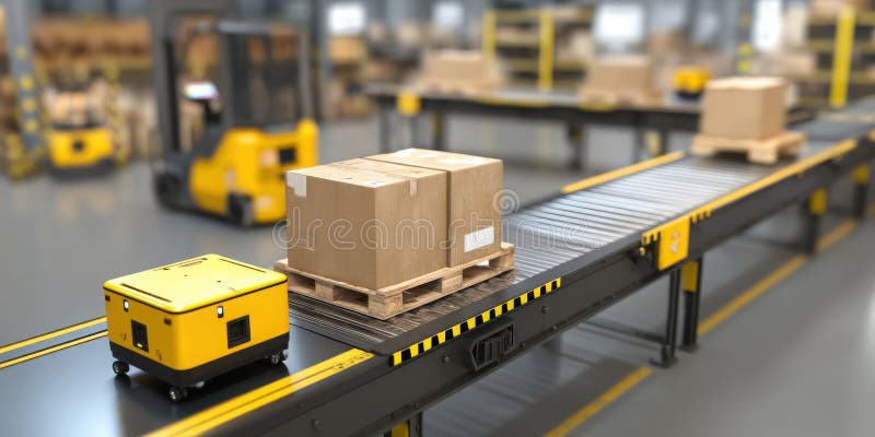 Automated Warehouse Conveyor System with Pallet and Cargo in Modern ...