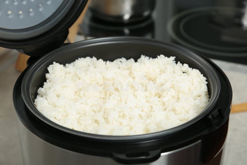 Modern Cooker with Fresh Boiled Rice Stock Photo - Image of diet ...