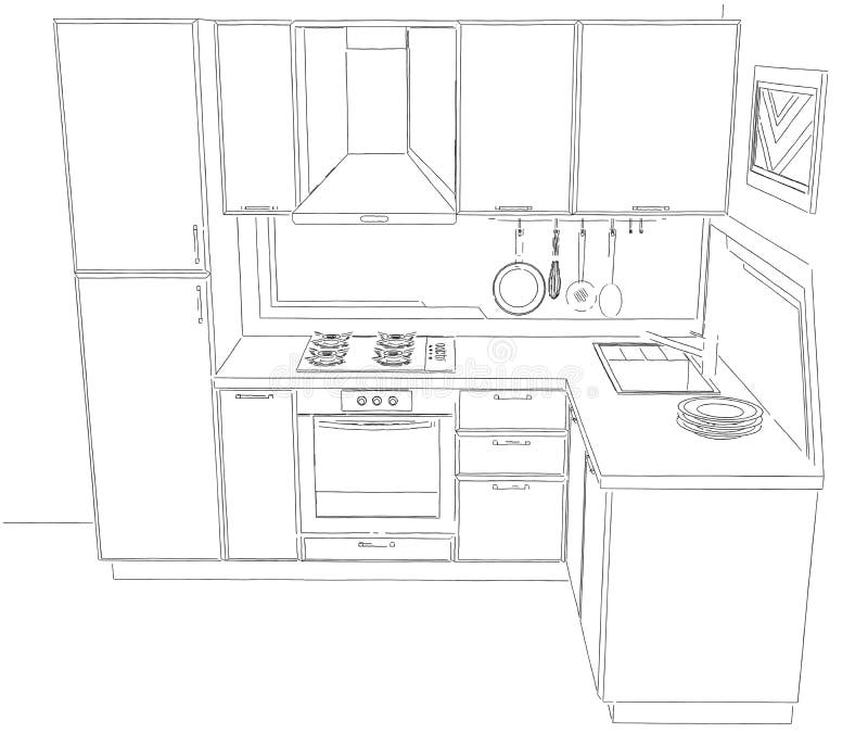 Sketch Abstract Drawing of Lilac and Brown Cupboards, Kitchen Chimney ...