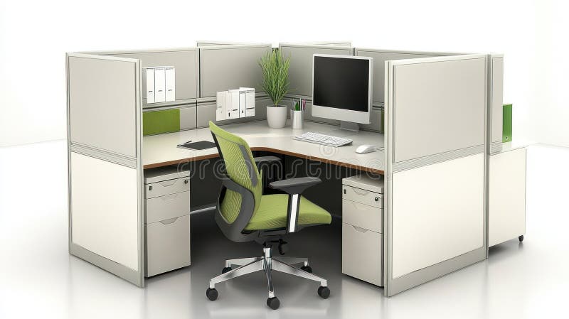 Modern Corner Office Cubicle Workstation with Computer, Chair, and ...