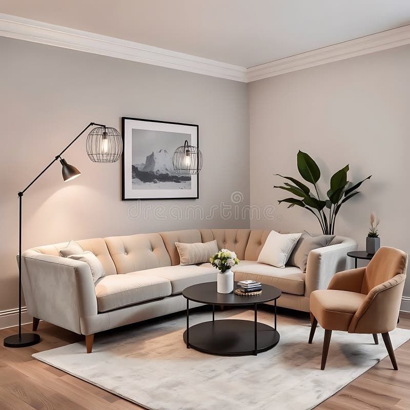 A Modern Corner with a Plush Sofa Art Deco Lighting and a Contemporary ...