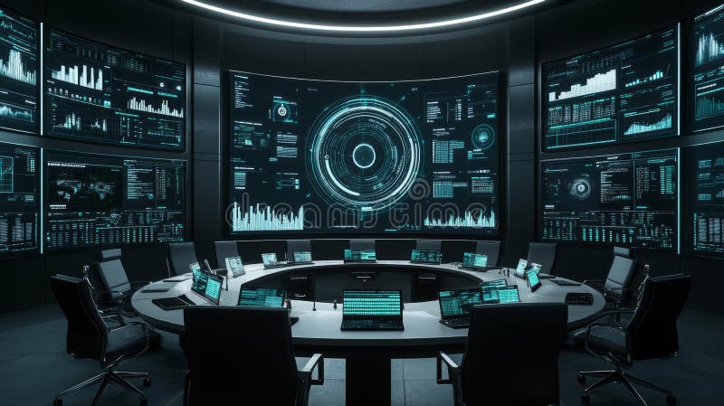 A Modern Corporate Boardroom with an Advanced Holographic Display that Presents Business ...