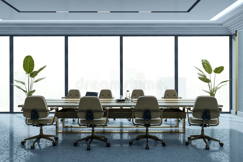 Modern Corporate Boardroom Interior with Large Windows, Ergonomic ...