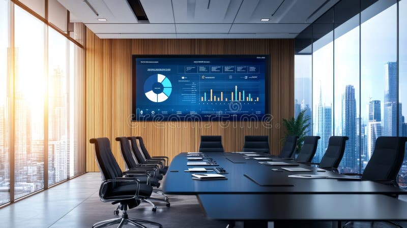 Modern Corporate Boardroom with Large Digital Display and Views Stock ...