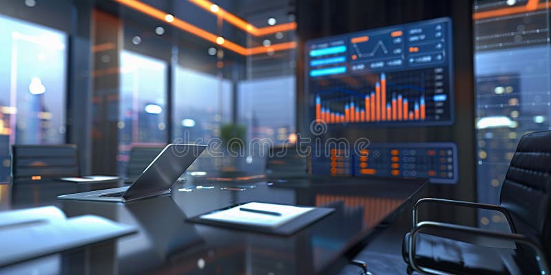 Modern Corporate Boardroom Showcases a Finance Dashboard Featuring Key ...