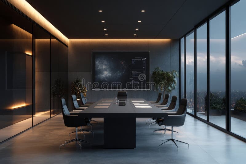 Modern Corporate Boardroom Table Digital Screen Panoramic City View ...