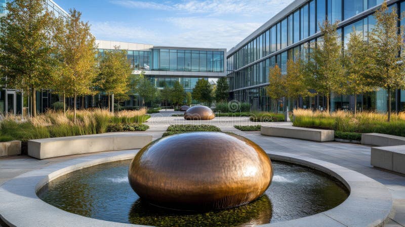 Modern Corporate Campus with Landscaped Courtyard and Water Feature ...