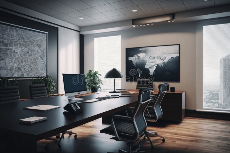 Modern Corporate Conference Room with Table and Projector Screen Stock ...