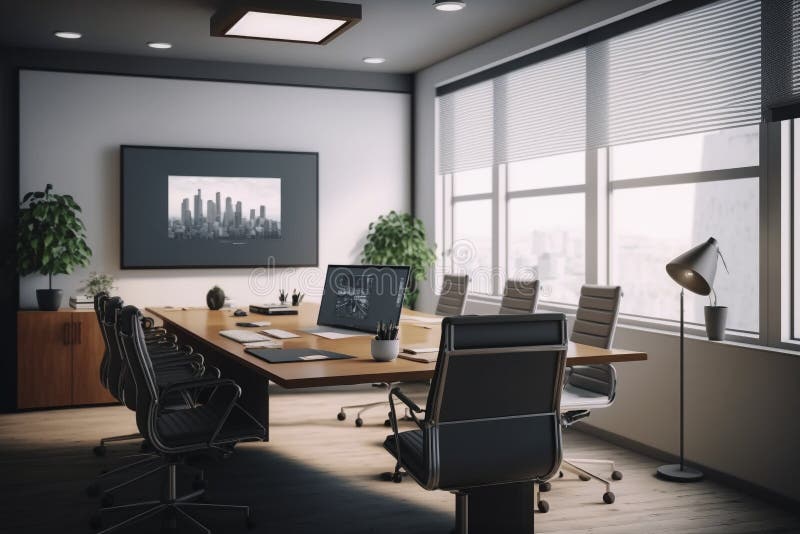 Modern Corporate Conference Room with Table and Projector Screen Stock ...