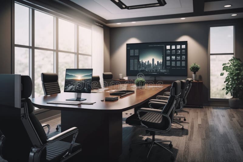 Modern Corporate Conference Room with Table and Projector Screen Stock ...