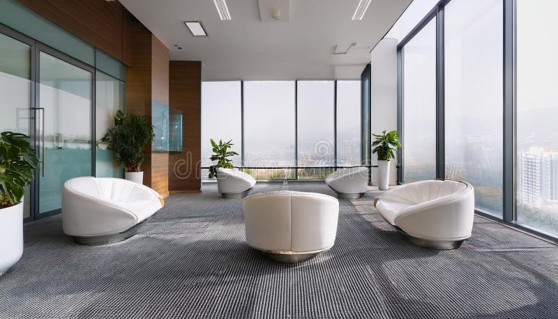 Modern Corporate Foyer with Glass Walls and White Seating. 3D Rendering ...
