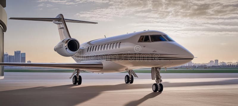 Modern Corporate Jet Prepared for Takeoff Against Dramatic Sunset Sky ...