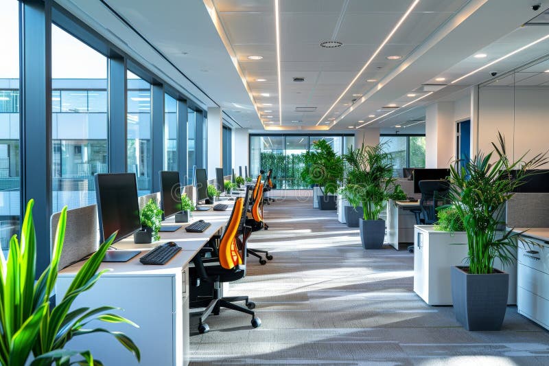 Modern Corporate Office Interior with Plants, Empty Desks, and Bright ...