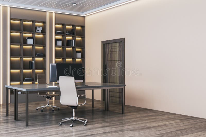 Modern Corporate Office Interior with Sleek Desk, Computer Setup, and ...