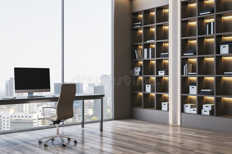 Modern Corporate Office Interior with Sleek Desk, Desktop Computer, and ...