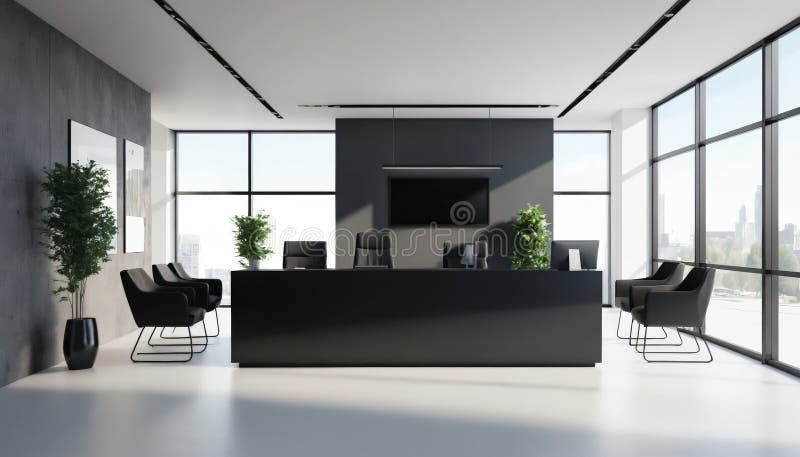 Modern Corporate Office Space with Black Desk, Large Windows, and ...