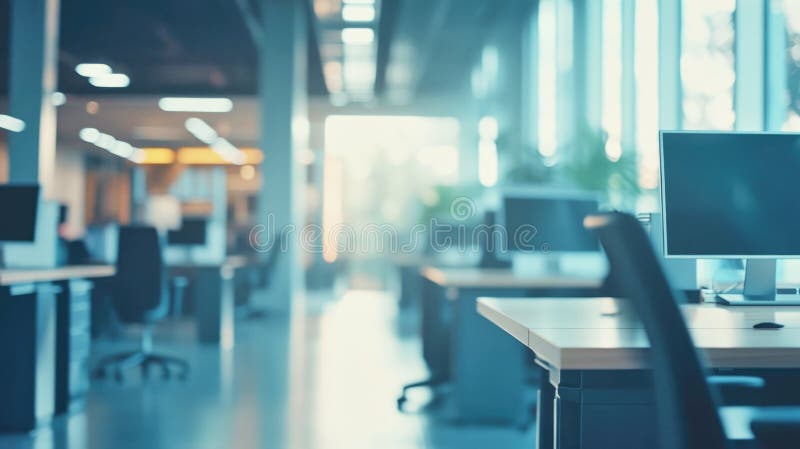 Modern Corporate Office Workspace with Desks and Computers Illuminated ...