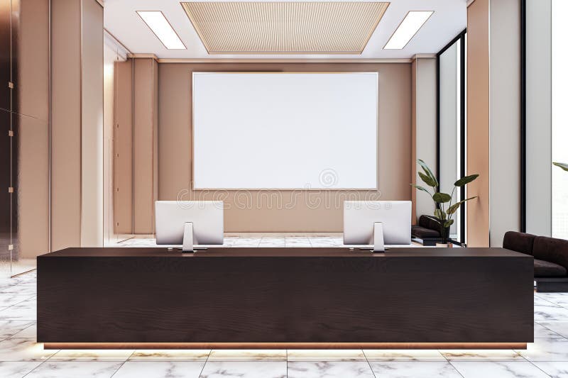 Modern Corporate Reception Area with Sleek Desk, Computers, and Large ...