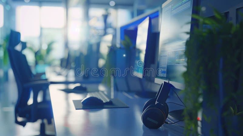 Modern Corporate Workspace with Blurred Tech Support Environment Stock ...