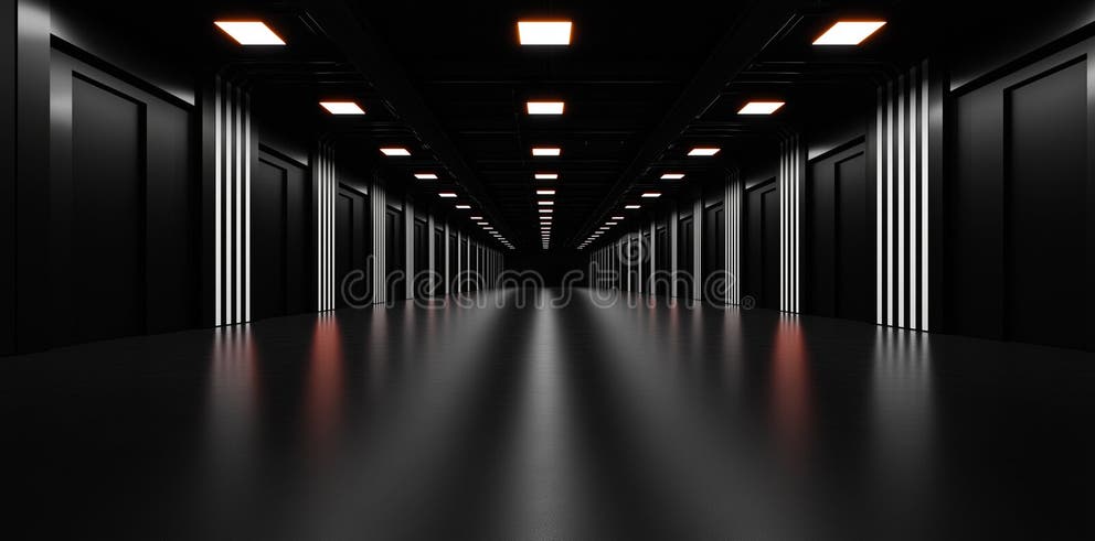 Modern Corridor with Black Walls and Bright Ceiling Lights Creates ...