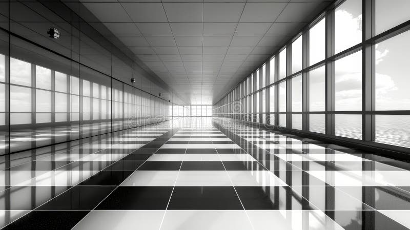 Modern Corridor with Black and White Tiles and Large Windows in Bright ...