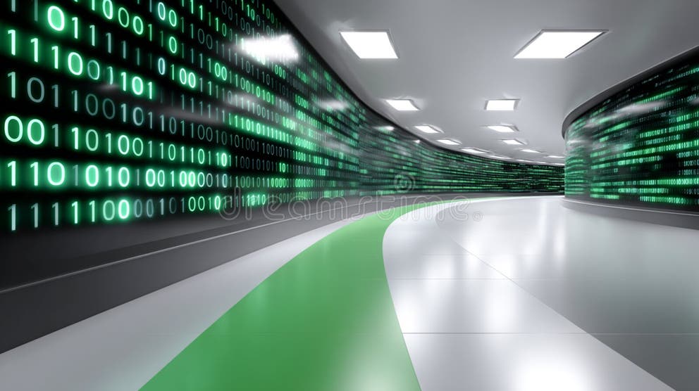 Futuristic Corridor with Glowing Binary Code on Walls, Sleek White ...