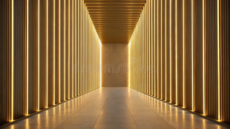 Modern Corridor with Golden Lighting and Sleek Design Stock ...
