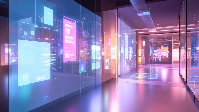 Modern Corridor with Interactive Displays Stock Illustration ...