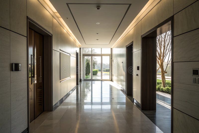 Modern Corridor with Natural Light from Doorway Stock Illustration ...