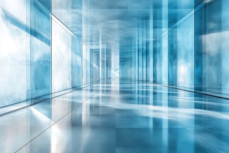 A Modern Corridor with Reflective Surfaces and Cool Blue Lighting in an ...