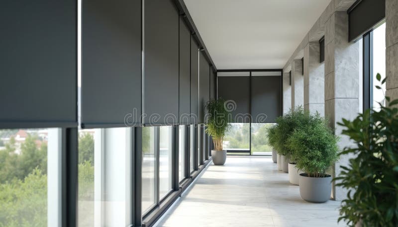 Modern Corridor with Roller Blinds, Large Windows. Indoor Plants in ...