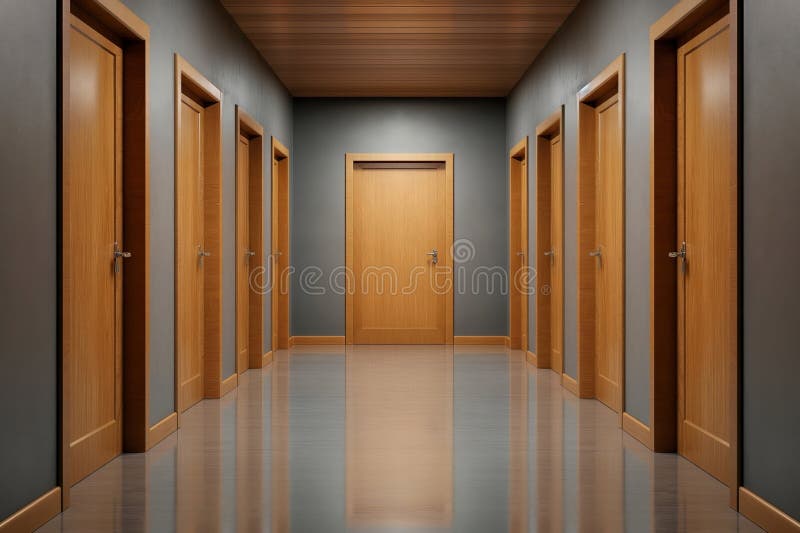 Corridor with Multiple Wooden Doors in Modern Building Stock Photo ...